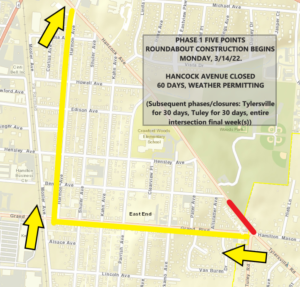 FIVE POINTS ROUNDABOUT CONSTRUCTION BEGINS Monday WITH HANCOCK AVENUE ...